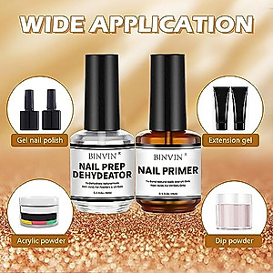 Binvin Gel Nail Polish Nail Dehydrator and Primer, 15ml Acid Free Natural Nail Prep Dehydrator & Bond Primer, Air Dry Superior Bonding Primer for Acrylic Powder Nail Supplies Set