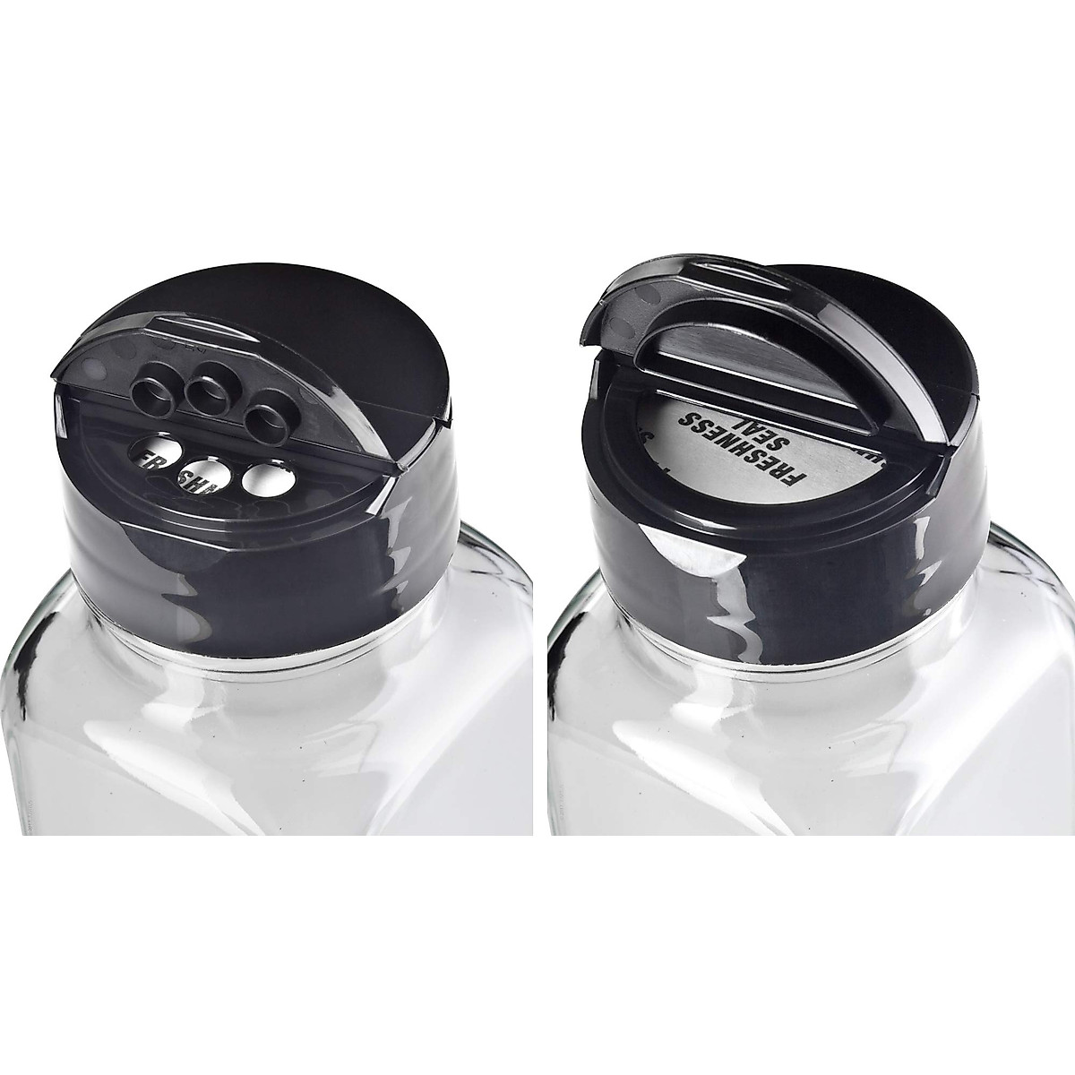 4 oz / 120 ml Clear Glass Square Spice Jar with Black Sifter (4 pack) - Two Sided Sifter Cap (shaker holes/pour open) and Freshness Seal for a professional look