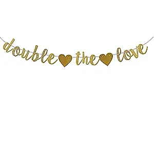 QWLQIAO Double The Love Banner,Twins Baby Shower Party Decor,Props, Twins Birthday/Engagement/Wedding Party ,Gold Gliter Paper Sign