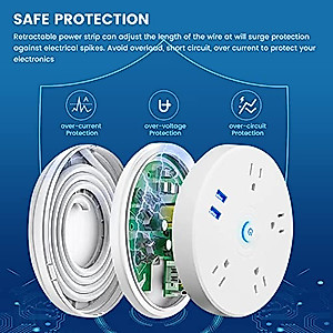 Retractable Power Strip, 6ft Extension Cord Retractable Power Strip Surge Protector with 4 Outlets 2 Smart USB Ports and Hook, Portable & Neat for Travel/Home/Office (White)