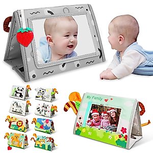 Baby Mirror Toys for Tummy Time, Newborn Infant 0 3 4 6 12 Months Old Boy, Girl . Brain Developmental Montessori Sensory High Contrast Crinkle Book w Safe Mirror for Floor, Crib, Car, Bouncer