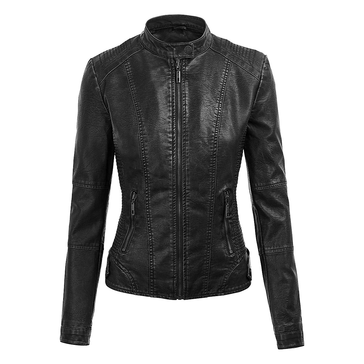 Made By Johnny MBJ WJC1044 Womens Faux Leather Quilted Motorcycle Jacket with Hoodie L BLACK