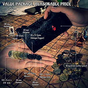 DND Metal Coins Set of 60 with Leather Pouch - Gaming Tokens, Pirate Treasure, Accessories & Props for Board Games, Dungeons and Dragons, Tabletop RPGs and LARP