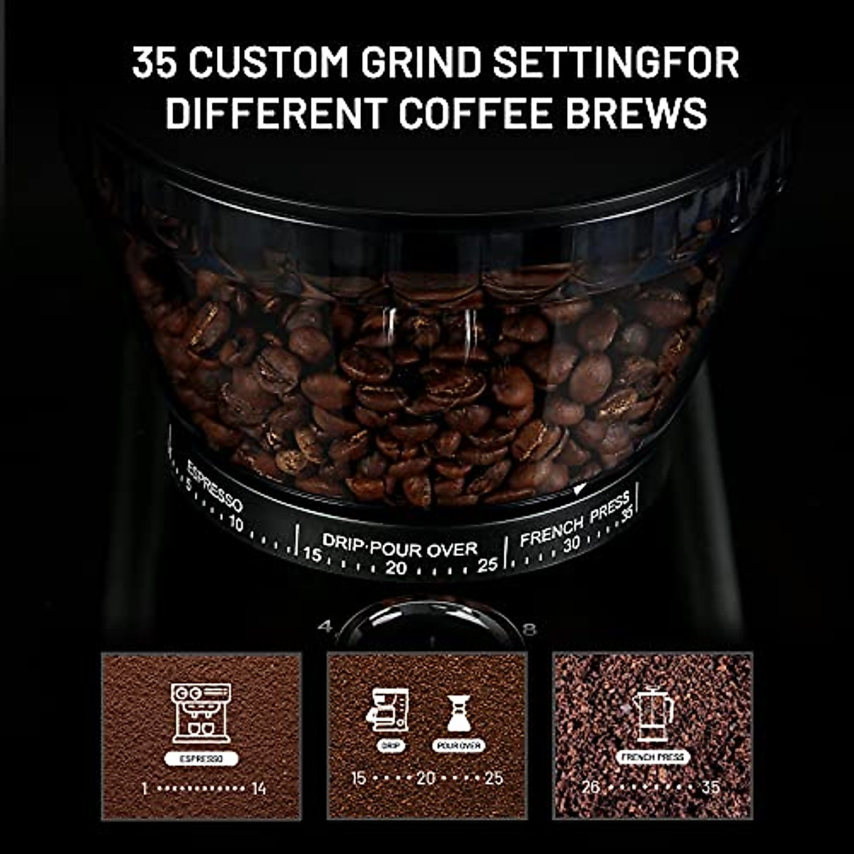 Secura Conical Burr Coffee Grinder, Adjustable Burr Mill with 35 Grind Settings, Electric Coffee Bean Grinder for 2-12 Cups, Black, Large