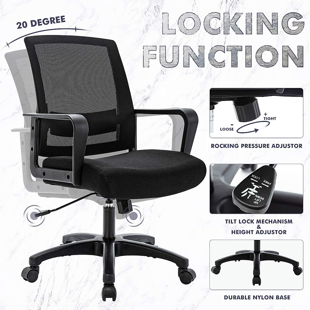 Adjustable Swivel Home Office Desk Chair with Armrest, Ergonomics Computer Mesh Chair for Livingroom, Game Chair (Mesh)