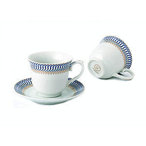 WORLD GIFTS Elegant Durable and Colorful Porcelain Tea-Coffee Cups and Saucers Set - Blue and Gold, 8 oz. Set of 4