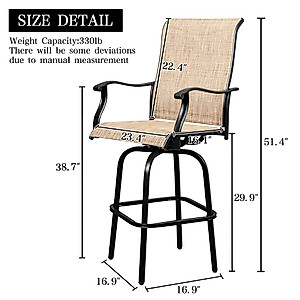 VINGLI 2 Pieces Outdoor Swivel Bar Stools, Patio Metal Bar Chairs Set of 2, All-Weather Bar Height Outdoor Chairs for Outside, Yard, Lawn, Poolside and Garden (2 Chairs, Brown)