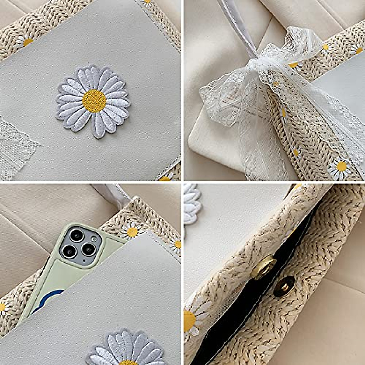 Xlabor Daisy Straw Beach Bag Woven Rattan Bag Tote Shoulder Bag Summer Handbag for Girl Women Summer Bohemia ,Brown