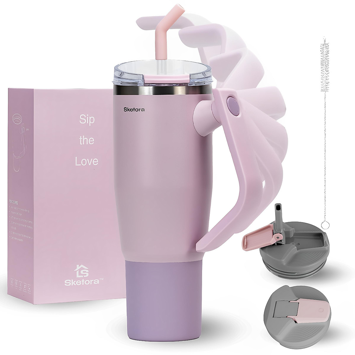 SKETORA 32oz Insulated Tumbler with Rotatable Handle and 2 Lids (Flip Straw, 3-in-1 Sliding Lid) - Stainless Steel Travel Mug for Hot & Cold Drinks, Soft Lavender