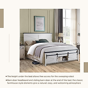 JXQTLINGMU Farmhouse Wood Bed Frame King Size with Sliding Barn Door Storage Cabinets and Headboard, Solid Wood Slats Support, Noiseless, No Box Spring Needed, Antique White