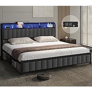 ADORNEVE King Size Bed Frame with LED Lights Headboard, Upholstered Platform Bed with Charging Station, LED Bed Frame with Storage Headboard, Upgraded 2-Row Mid-Beams, Noise-Free, Dark Grey