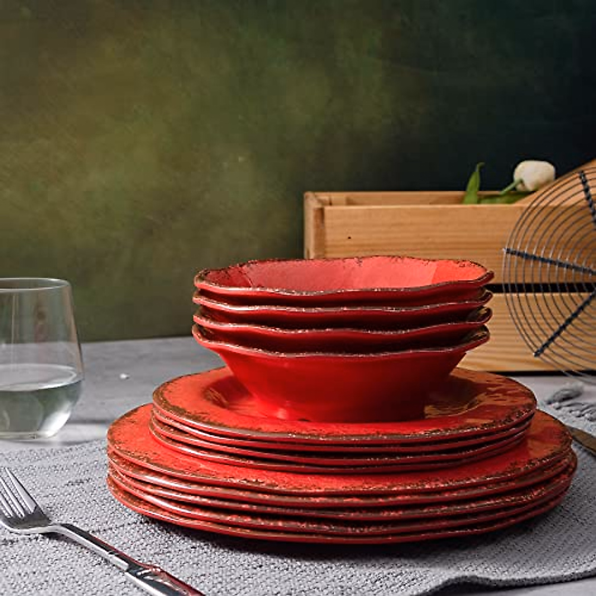 LEHAHA Farmhouse Plates and bowls set 12 Piece Melamine Dinnerware Sets for 4 People Lightweight and Unbreakable Dish Set Perfect for Indoor Outdoor Dining Party and Picnic Red