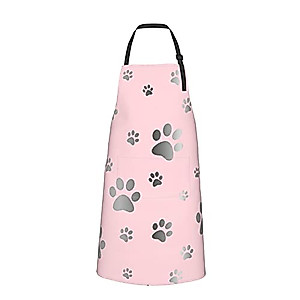 Perinsto Cute Dog Paws Pink Waterproof Apron With 2 Pockets Kitchen Chef Aprons Bibs For Cooking Baking Painting Gardening Grooming