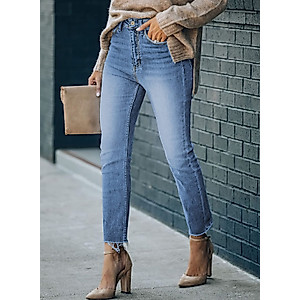 Sidefeel Women's Classic Skinny Frayed Ankle Denim Zimbaplatinum Stretch Straight Jeans Size 14 Blue