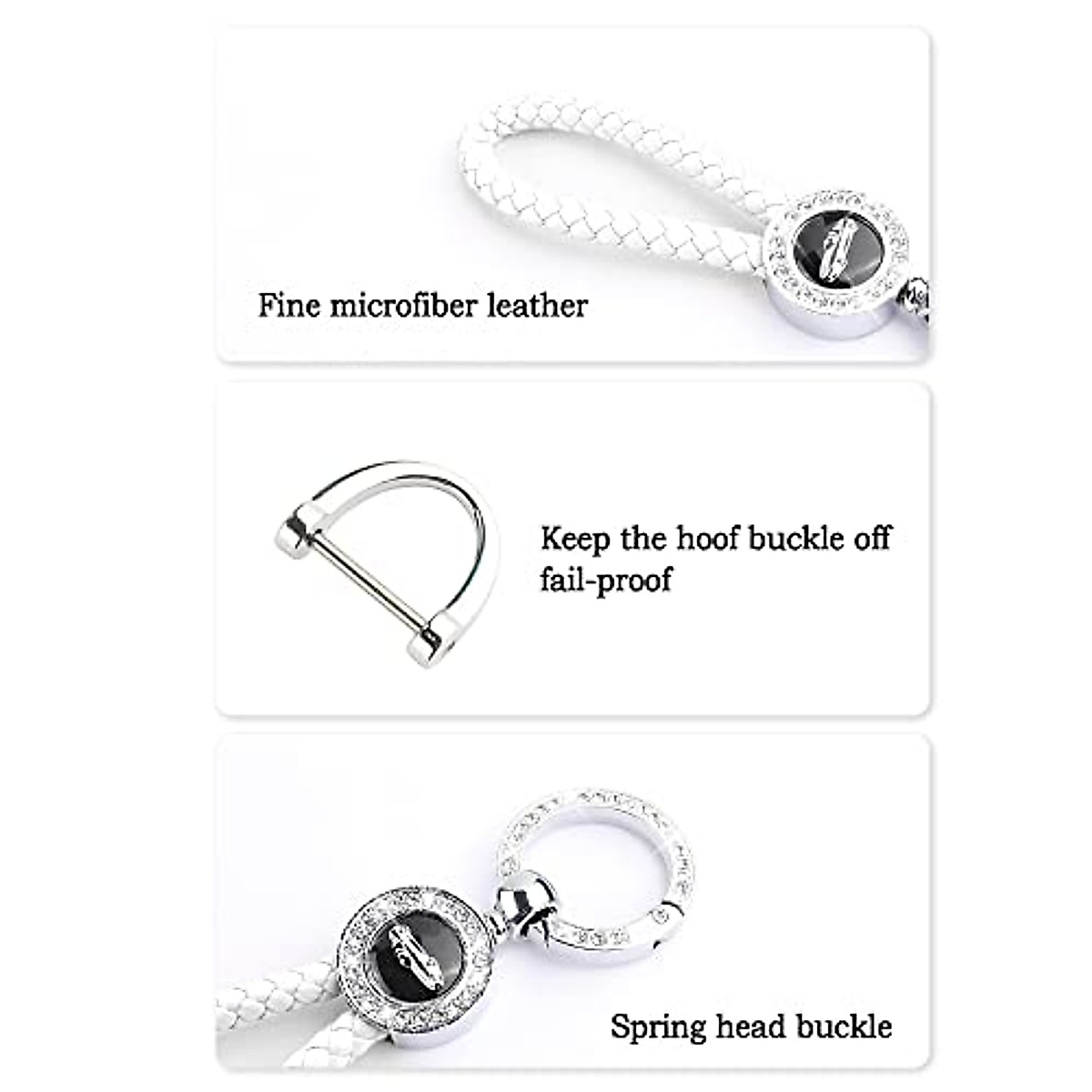 Bling Bling Leather Keychain,Universal Car Accessories Car Lanyard Key Fob Holder with Anti-lost D-ring and Screwdriver(White)