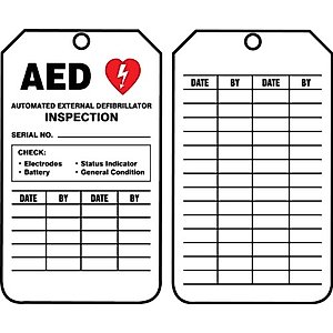 Accuform "AED AUTOMATED External DEFIBRILLATOR Inspection" Pack of 25 PF-Cardstock Inspection Record Tags, 5.75" x 3.25", Red/Black on White, TRS345CTP