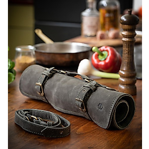 Angus Stoke Knife Roll Bag Genuine Leather – Knife case for Chefs 7 Slots – Leather Knife with Handle and Strap Frank (Olive-Green)