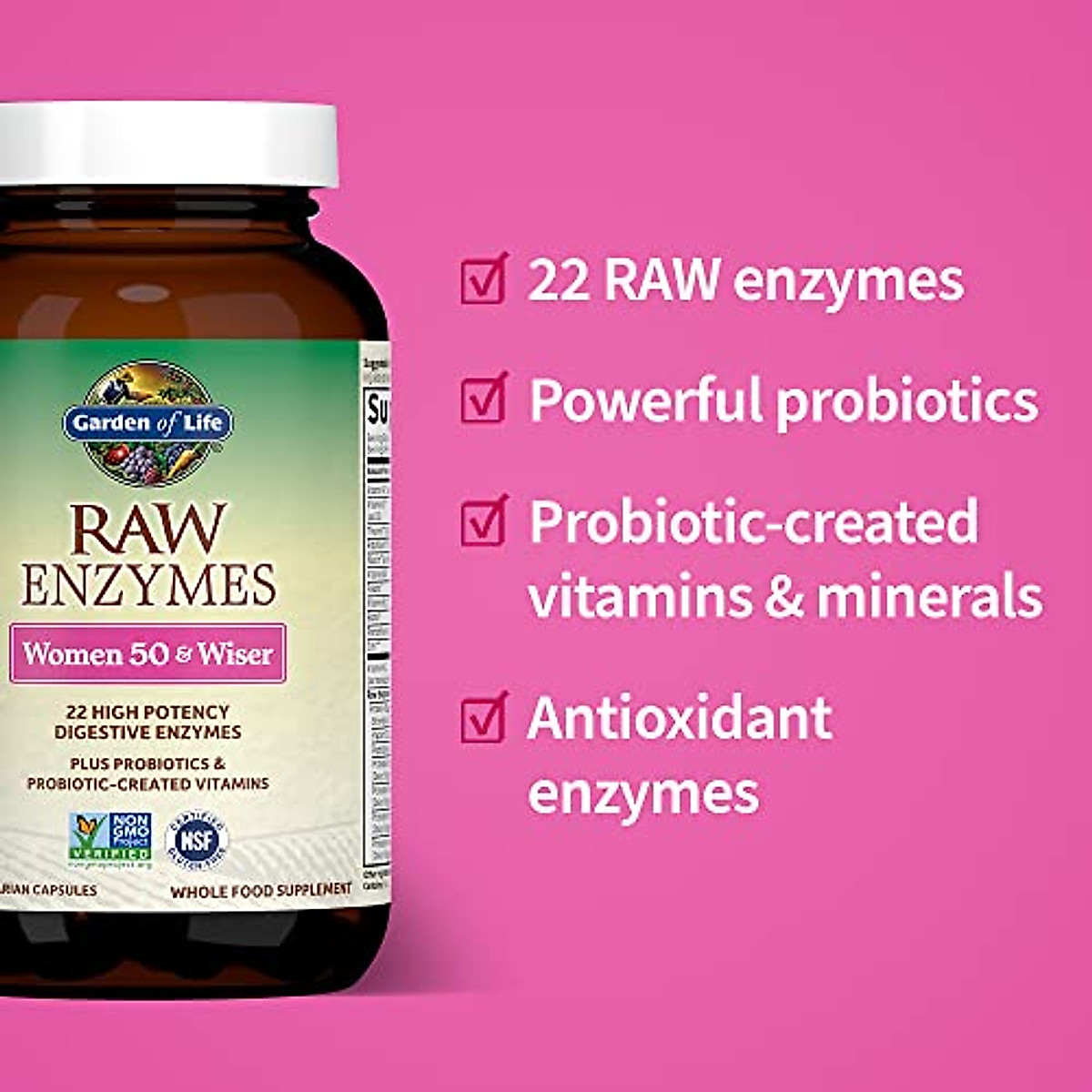 Garden of Life 22 Digestive Enzymes for Women 50 & Over with Bromelain, Papain & Lactase Plus Probiotics & Vitamins B12, Biotin & Zinc – RAW Enzymes – Non-GMO, Gluten-Free, Vegetarian, 90 Capsules