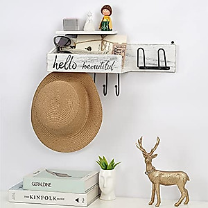 JAZUIHA Mail and Key Holder 2-Tier, Mail Organizer Wall Mount with 6 Hooks, Wooden Wall Organizer Hat Rack, Storage Hanging Shelf for Home Decor