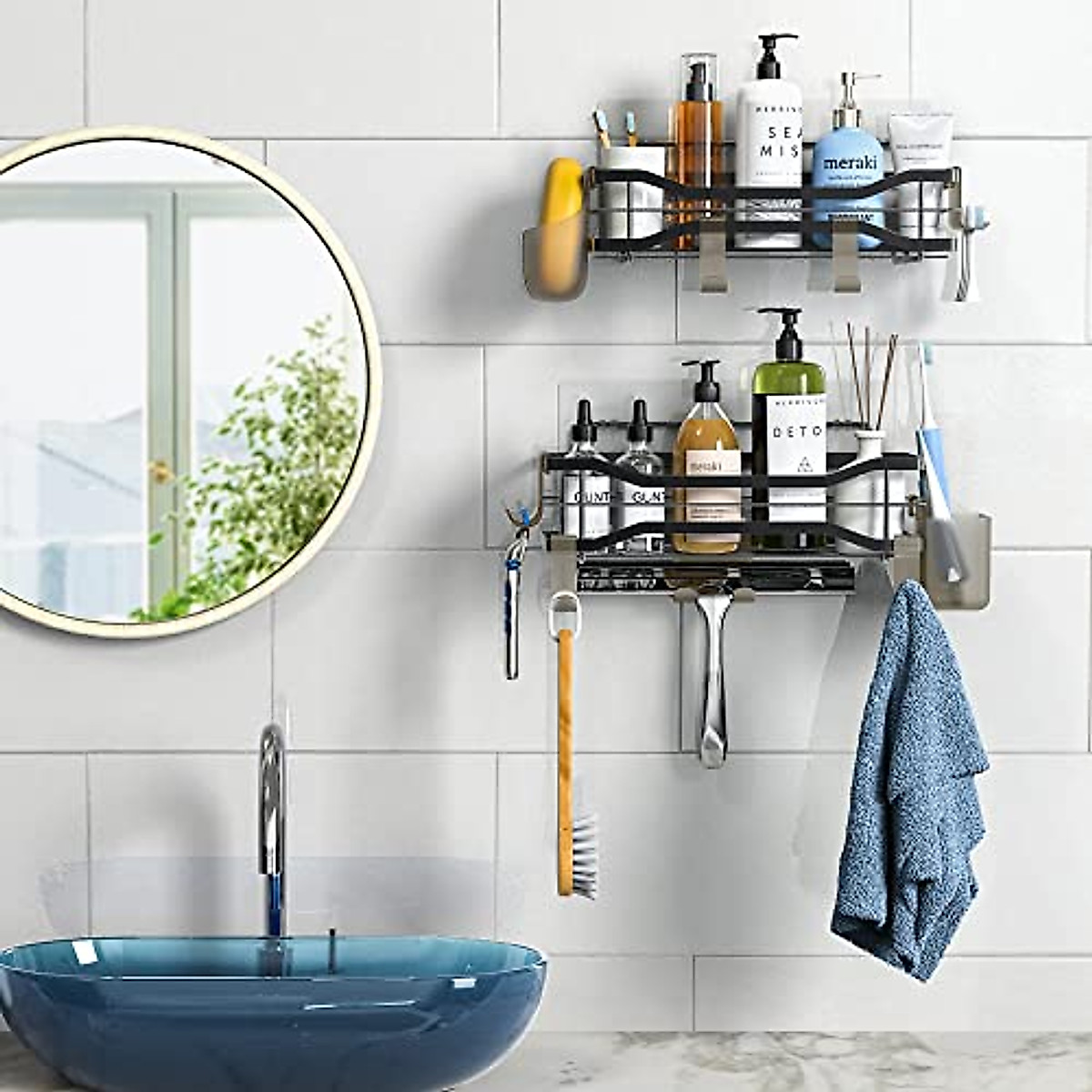 ENIBOE Shower Caddy 2 Pack Stainless Steel Shower Organizer Adhesive Shower Shelves Wall Mounted Shower Rack for Inside Shower No Drilling Bathroom Organizer Waterproof Shower Shampoo Holder Black