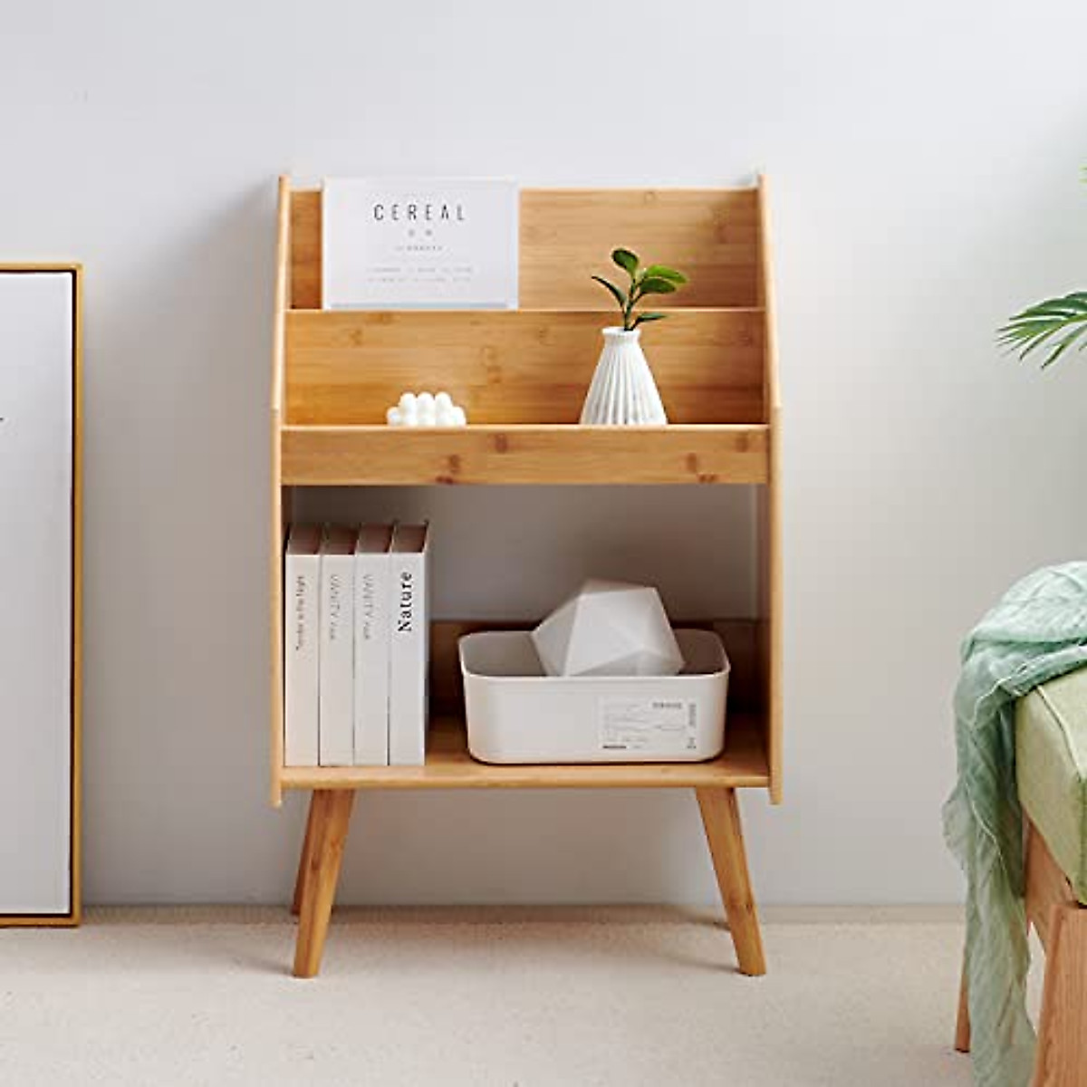 AbocoFur Bamboo Floor Book and Magazine Display Shelf, 20.67"(L) x10.63(W) x30.71(H), Multifunction Free Standing Organizer Storage Rack, Small Bookcase for Home, Office, Burlywood