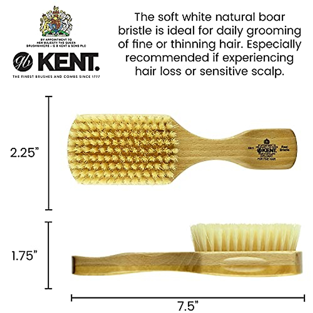 Kent OS11 Satinwood Rectangular Military Club Hair Brush and Facial Brush for Beard Care, Soft White Natural Boar Bristle Brush for Fine or Thinning Hair Mens Grooming, Hair Care, and Beard Brush