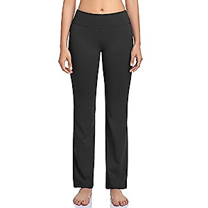 HISKYWIN Inner Pocket Yoga Pants 4 Way Stretch Tummy Control Workout Running Pants, Long Bootleg Flare Pants HF2 Black-XL