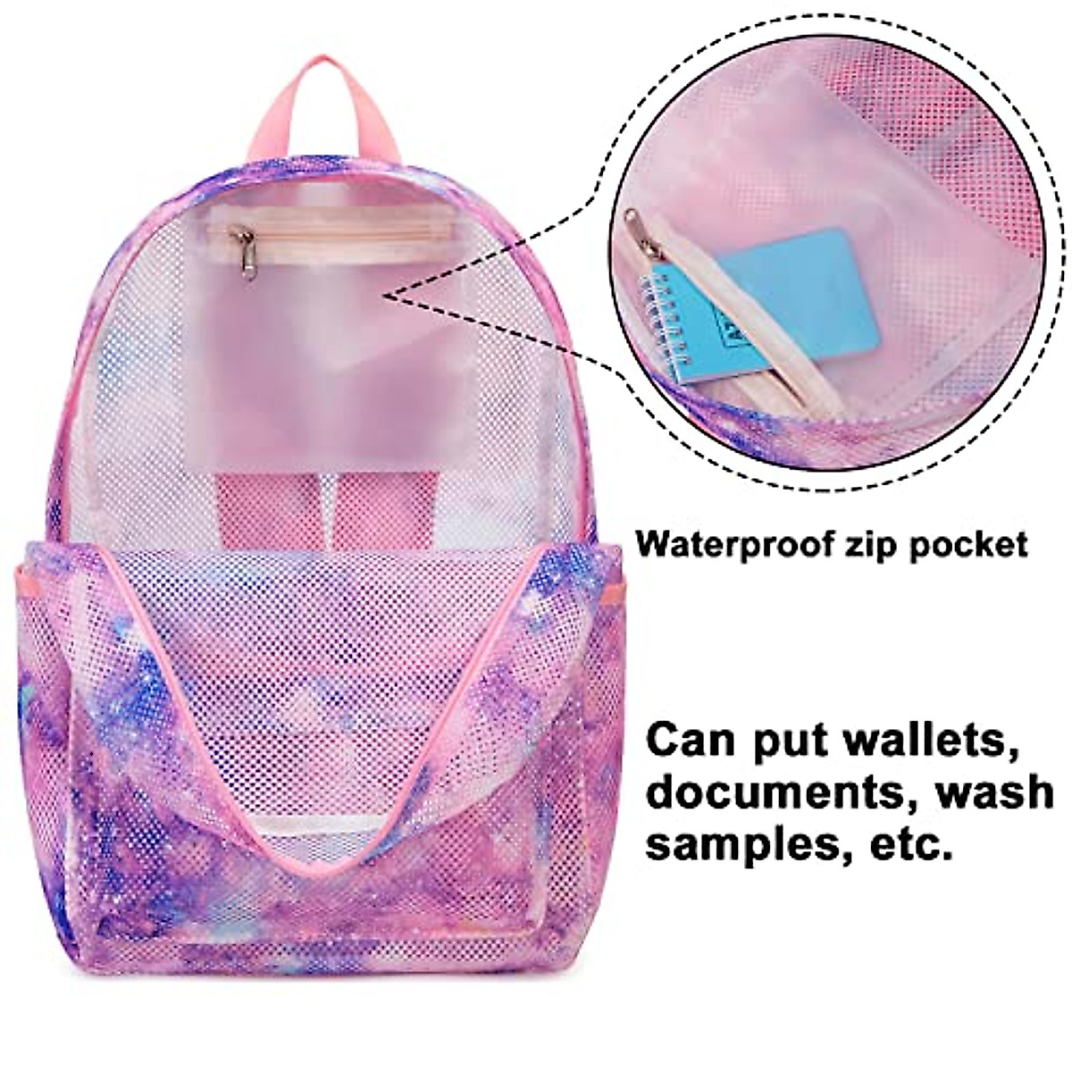 CAMTOP Mesh Backpack for Kids Girls Semi-Transparent See Through Sturdy School Bookbag Casual Daypack for Beach Swim Work Gym (Tie Dye Pink)