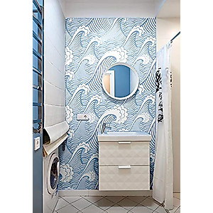 Cute Sea Waves Adhesive Shelf Liner Peel & Stick Dresser Drawer Sticker Cabinet Sticker Furniture Contact Paper, 17.7 Inch by 9.8 Feet (17.7 Inch by 9.8 Ft, Blue/White)