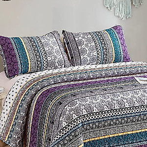 WONGS BEDDING Boho Quilt Set Full Size, Purple Bohemian 3 Pieces Quilt Sets, Lightweight Summer Bedspread Coverlet Bedding Set for All Season (90"x78")