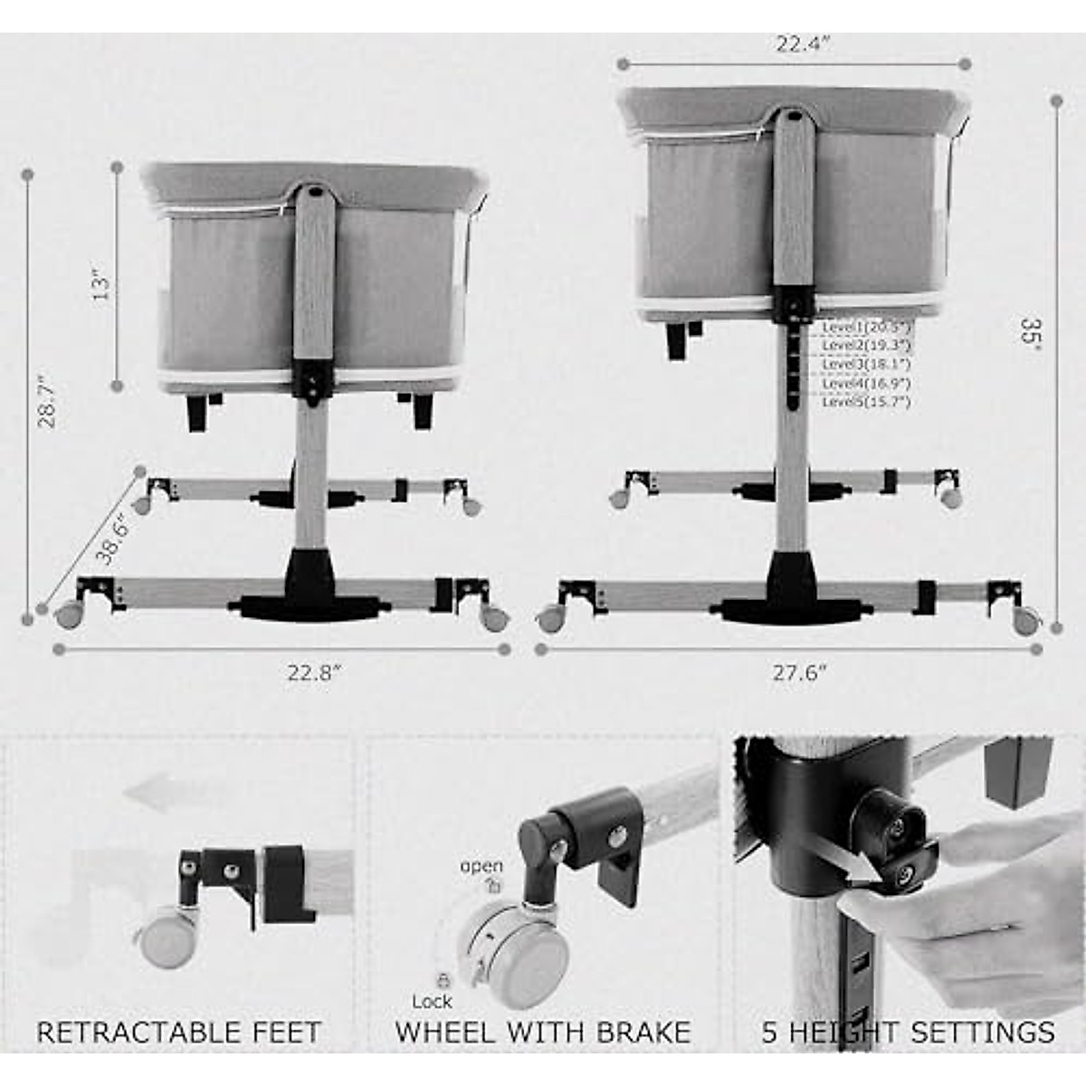 Baby Bedside Bassinet with Wheels and Storage, 3 in 1 Travel Baby Crib Bedside Crib with 5 Adjustable Height, Portable Baby Bed Co Sleeper