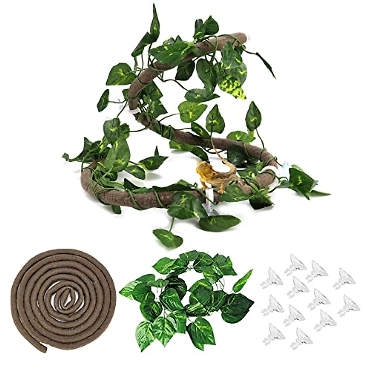 Hamiledyi Reptile Jungle Vines Bend A Branch 4Pcs Fake Leaves Hanging Terrarium Plant Decor for Bearded Dragon Lizard Gecko Snake Chameleon Frog Hermit Crab Tank Habitat Decorations Climbing