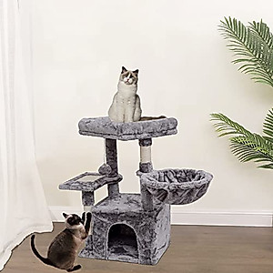 SYANDLVY Cat Tree for Indoor Cats, Activity Tower with Scratching Posts & Board, Modern Kitten Condo with Plush Perch, Hammock & Hanging Ball for Play (Light Grey)