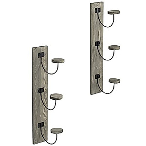 MyGift Wall Mounted Black Metal Wire Vertical Hat Display Rack with Vintage Gray Solid Wood Backing, Wall Baseball Cap Display, Entryway Hat and Coat Storage Hooks, Set of 2