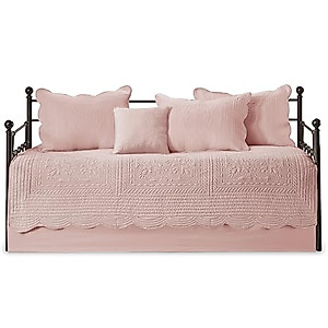 Madison Park Daybed Cover Set-Trendy Damask Quilting with Scalloped Edges All Season Luxury Bedding with Bedskirt, Matching Shams, Decorative Pillow, 75"x39", Tuscany Blush, 6 Piece