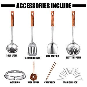 Teewe Carbon Steel Wok Traditional Hand Hammered Wok - 13.4” Chinese Wok Round Bottom Wok Pan Set with 8 Pcs Cookware Accessories