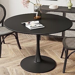 Recaceik Modern Round Dining Table, 42.1'' Tulip Table with MDF Table Top & Metal Pedestal Base for Dining Room Living Room Cafe w/ 0.71” Thickened Tabletop for 4-6 People, Black