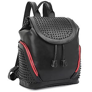 Downupdown® Fashion Backpack Purse Genuine Leather Backpack Rivet Knapsack Drawstring Bucket Bag Casual Backpacks-Black