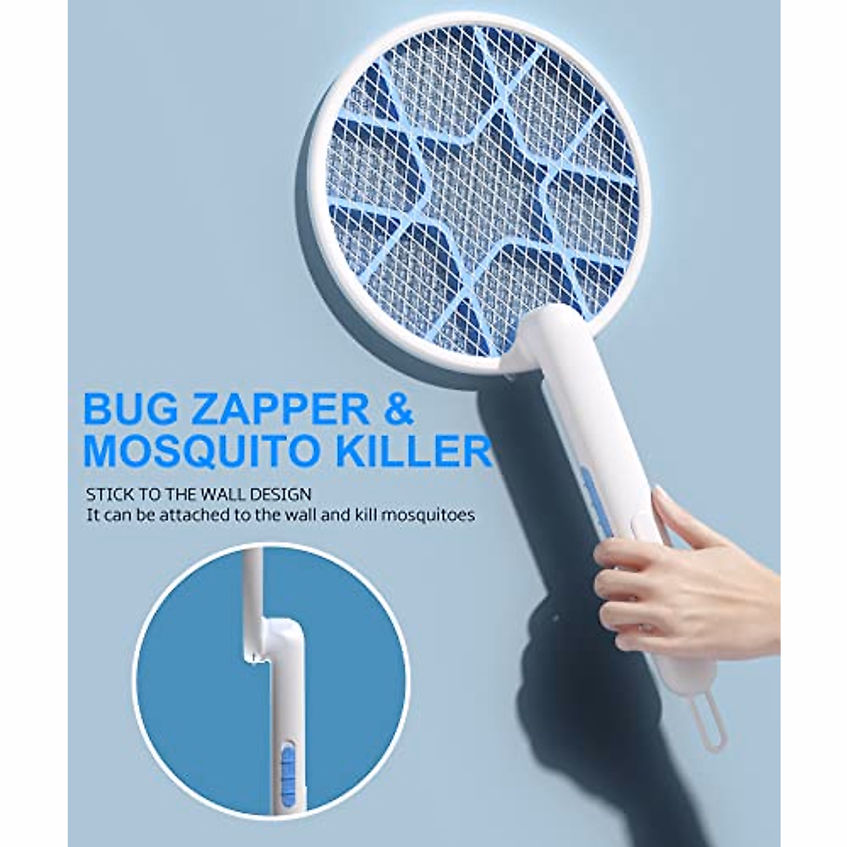 MOSQZAP Electric Fly Swatter, Foldable Bug Zapper Racket, 3,500Volt Mosquito Killer Electronic Fly Zapper w/Purple Light Attractant for Home Indoor Outdoor, Large Size, White