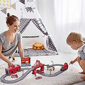 Train Sets for Boys 4-7, 66 Pcs Battery Operated Train Set with Tracks(Magnetic Connection), Compatible with Thomas, Brio, Chuggington, Gifts for 3 4 5 6 Years Old (66pcs Fire Truck)