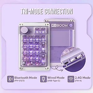 KiiBoom Phantom 21 Hot Swappable Crystal Acrylic Numpad, BT5.0/2.4GHz/USB-C Triple Mode NKRO Programmable Numeric Keypad with Knob, South-Facing RGB, 1900mAh Battery for Win/Mac (Purple)