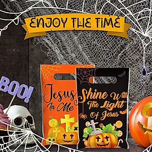 Tiangrid 48 Pieces Halloween Plastic Gift Bags Halloween Pumpkin Treat Bags Christian Religious Candy Bags Mixed Color Party Favors Bags with Handle for Holiday Supplies