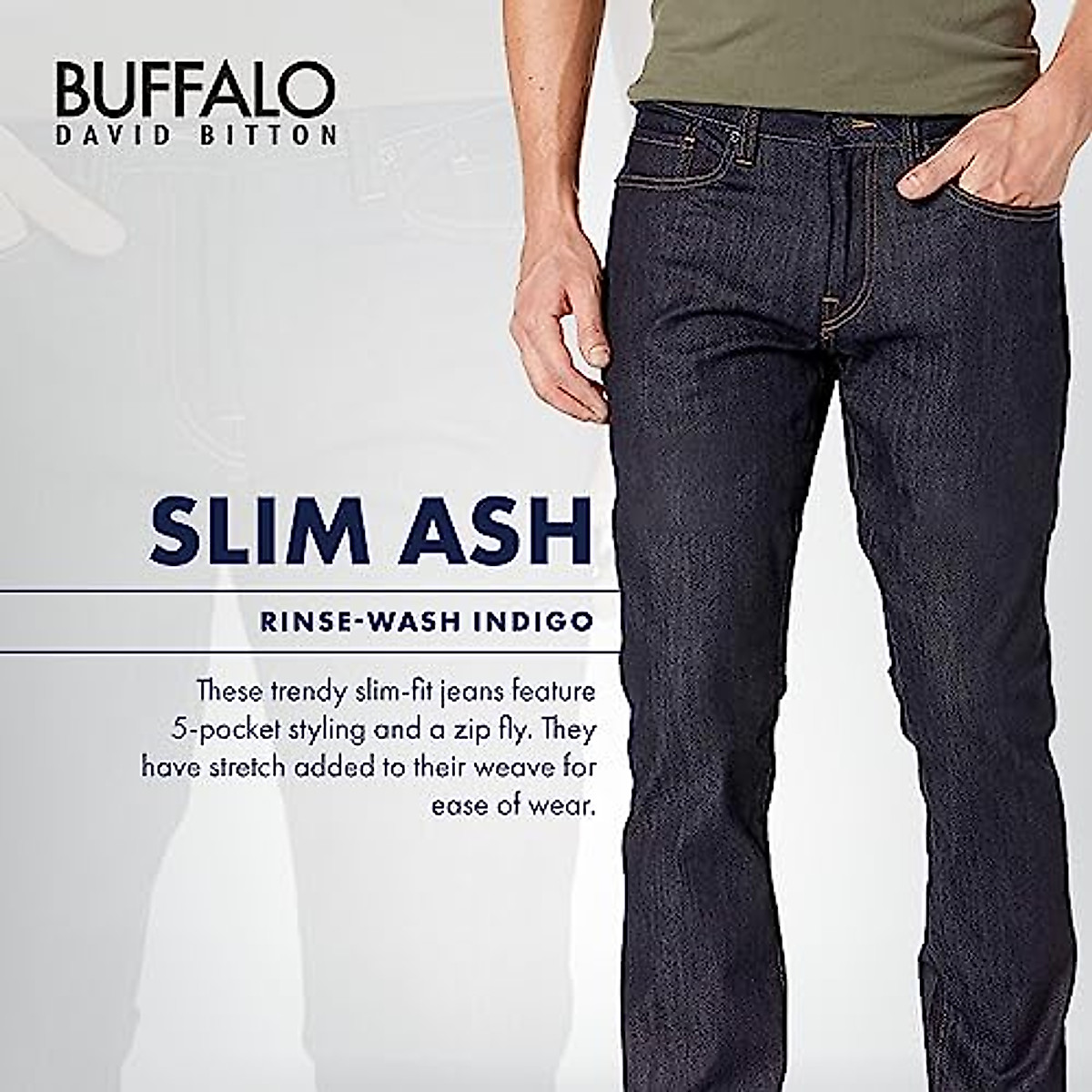 Buffalo David Bitton Men's Slim Ash Jeans, Rinse Wash Indigo, 34x32