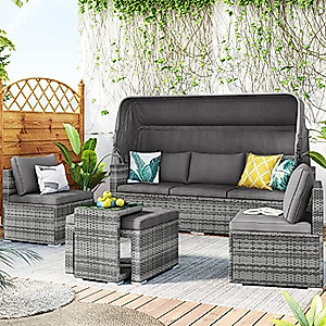 EMKK 5 Pieces Outdoor Patio Sofa Set Rattan Daybed,Sectional PE Wicker Conversation Furniture w/Canopy and Tempered Glass Side Table, C-Gray