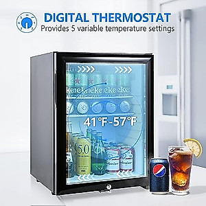 KICHKING 1.7 Cu.ft Ultra Quiet Compact Fridge No Noise Mini Absorption Fridge Beverage Refrigerator Cooler with Glass Door Under Counter Refrigerator Adjustable Shelves Lock for Home Office Bar