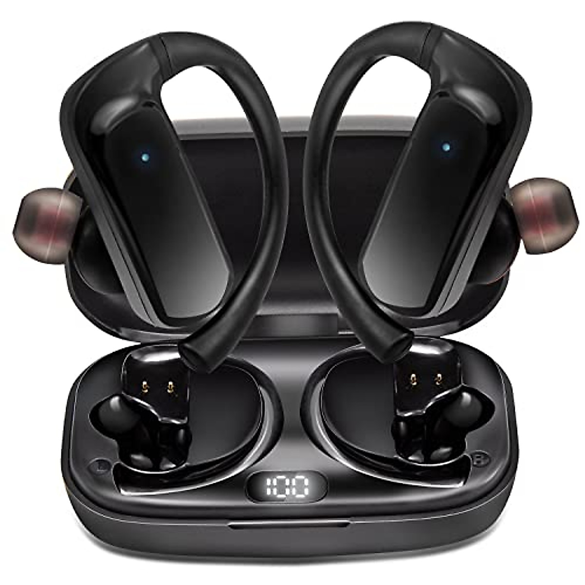 Dem.Lorida Wireless Earbuds Bluetooth 38hrs Play T60 Back Sport Earphones with LED Display Over-Ear Buds with Earhooks with Mic for Sport Running Workout Black