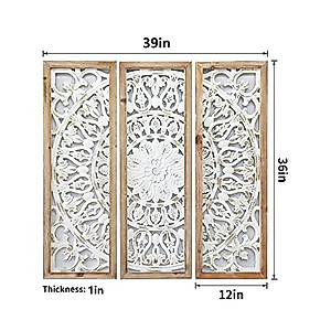 CASOLLY Carved Wood Wall Decor,Floral-Patterned Wooden Panels (Set of 3),Decorative Carved Wall Sculpture,39"x36"x1",for Living Room Bedroom Entrance Hall