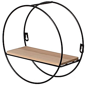 Decorative Modern Round Accent Floating Shelf Circle Decor Display Wall Mounted Rack with Metal Frame and Pine Wood Shelf, Black