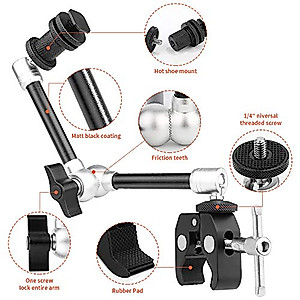 TOAZOE 11'' Articulating Friction Magic Arm Super Clamp Mount with Phone Holder GoPro Adapter, Adjustable Camera Mount Kit for DSLR Camera, LCD Monitor, Camcorder, Video Vlog Rig, Smartphone, GoPro