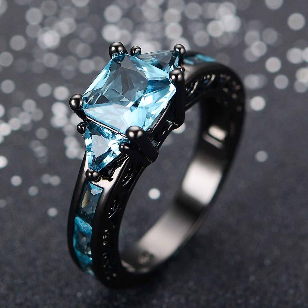 JunXin Black Gold Aquamarine Blue Diamond Antique Rings Princess Cut Wedding Size5/6/7/8/9/10/11(7)